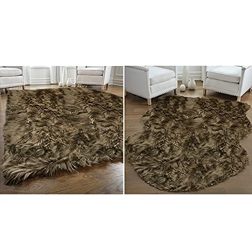 Gorilla Grip Faux Fur Rectangle Area Rug and Faux Fur Sheepskin Area Rug, Both in Brown Color, Both in Size 5x7, 2 Item Bundle