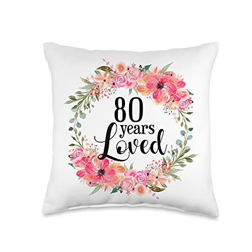 Floral 90 Years Loved Mom Grandma Birthday Gift Floral Loved 80 Year Old Grandma 80th Birthday Gift Throw Pillow, 16x16, Multicolor