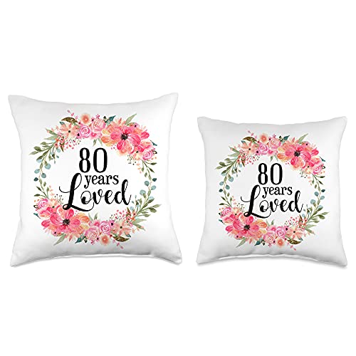 Floral 90 Years Loved Mom Grandma Birthday Gift Floral Loved 80 Year Old Grandma 80th Birthday Gift Throw Pillow, 16x16, Multicolor