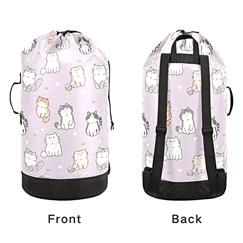 KEEPREAL Cute Cat Laundry Backpack Bag, Large Laundry Bag with Adjustable Straps, Portable Backpack Laundry Bag for College Dorm, Apartment, Laundromat