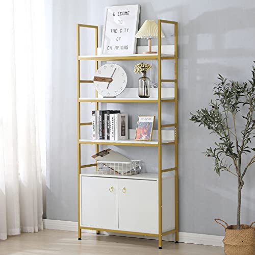 MELLCOM Golden Bookcase, 4 + 2 Tier Bookshelf with 2 Pull-Out Storage Cabinet Bohemian Style 71’’ Modern Bookshelves with 4 Adjustable Foot Pad Easy Assembled for Home, Office