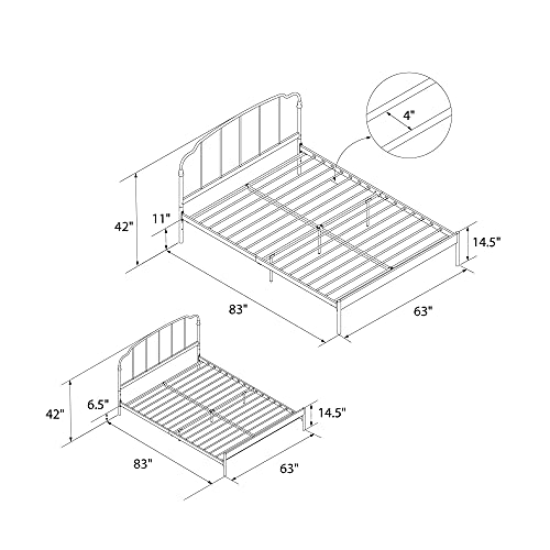 REALROOMS Camie Metal Bed, Adjustable Base Height, No Box Spring Needed, Queen, Black