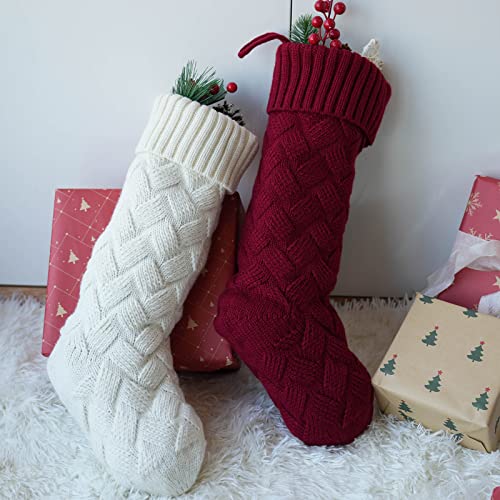 ROSFORU Knit Christmas Stockings, 4 Pack Large Size Candy Gift Bag Personalized Decoration Weave Xmas Socks, Classic Style（2Pcs Ivory White+ 2Pcs Burgundy）