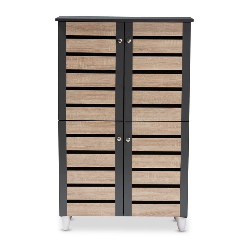 BOWERY HILL Mordern Two-Tone Oak Wood 4-Door Shoe Cabinet in Dark Gray