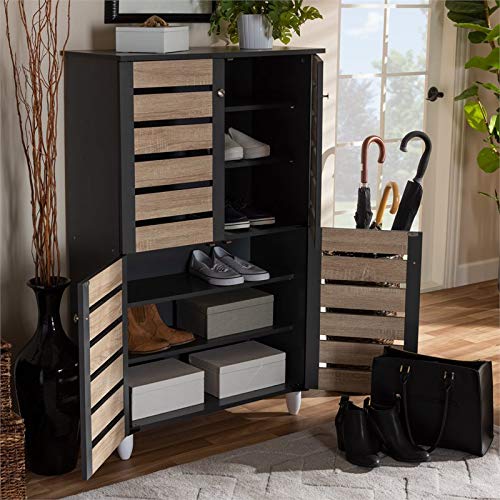 BOWERY HILL Mordern Two-Tone Oak Wood 4-Door Shoe Cabinet in Dark Gray