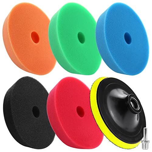 7PCS 5 Inch Buffer Polisher Pads Kit, 5’’ Foam Buffing & Polishing Pad with 5/8’’-11 Backer Pad and Drill Adapter, Car Sponge Buffering Wheels for Polishing & Waxing fit RO/DA Polisher or Drill