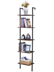 tajsoon industrial bookcase, ladder shelf, 5-tier wood wall mounted bookshelf with stable metal frame, open display rack, storage shelves for bedroom,home office,collection,plant flower, rustic brown