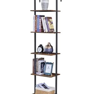 Tajsoon Industrial Bookcase, Ladder Shelf, 5-Tier Wood Wall Mounted Bookshelf with Stable Metal Frame, Open Display Rack, Storage Shelves for Bedroom,Home Office,Collection,Plant Flower, Rustic Brown