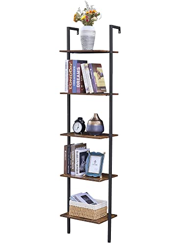 Tajsoon Industrial Bookcase, Ladder Shelf, 5-Tier Wood Wall Mounted Bookshelf with Stable Metal Frame, Open Display Rack, Storage Shelves for Bedroom,Home Office,Collection,Plant Flower, Rustic Brown