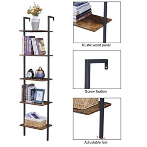 Tajsoon Industrial Bookcase, Ladder Shelf, 5-Tier Wood Wall Mounted Bookshelf with Stable Metal Frame, Open Display Rack, Storage Shelves for Bedroom,Home Office,Collection,Plant Flower, Rustic Brown