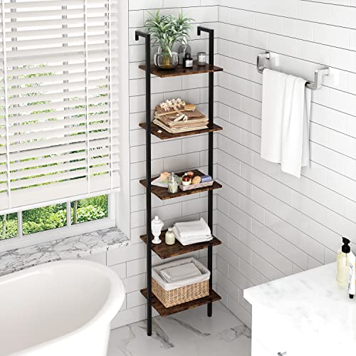 Tajsoon Industrial Bookcase, Ladder Shelf, 5-Tier Wood Wall Mounted Bookshelf with Stable Metal Frame, Open Display Rack, Storage Shelves for Bedroom,Home Office,Collection,Plant Flower, Rustic Brown