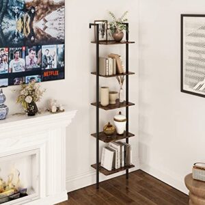 Tajsoon Industrial Bookcase, Ladder Shelf, 5-Tier Wood Wall Mounted Bookshelf with Stable Metal Frame, Open Display Rack, Storage Shelves for Bedroom,Home Office,Collection,Plant Flower, Rustic Brown