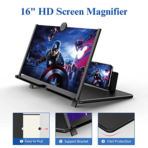 16" Screen Magnifier for Cell Phone -3D HD Magnifying Projector Screen Enlarger for Movies, Videos and Gaming – Foldable Phone Stand with Screen Amplifier–Compatible with All Smartphones (Black)