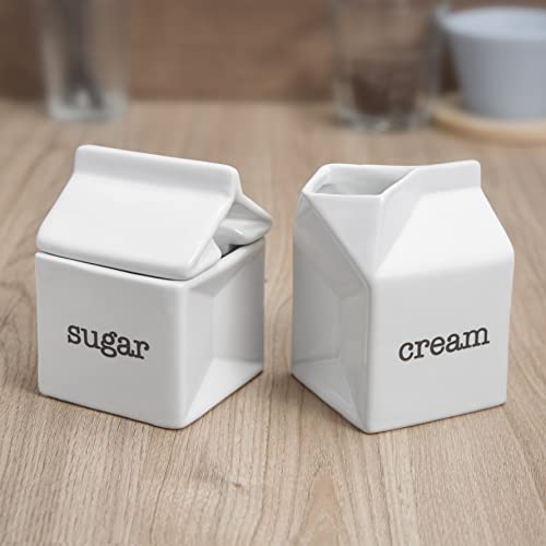 Ceramic Sugar and Creamer Set, Milk Carton Shaped White Cream Jug and Sugar Bowl with lid