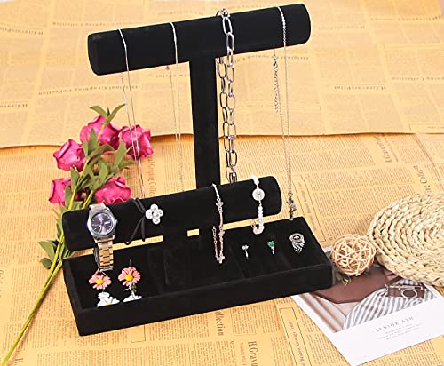 ByKen Multi-Functional Necklace Holder,Bracelet Holder,Jewelry Organizer Stand with Earrings Rings Tray,Jewelry Holder for Scrunchie Watches Detachable(Black Velvet)