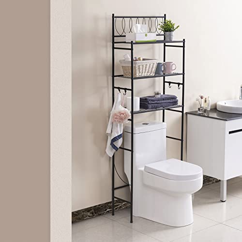 Upvoted Houseware 3 Shelf Over The Toilet Shelving Unit Bathroom Space Saver Corner Storage Rack Organizer, with 4-Hooks, Black