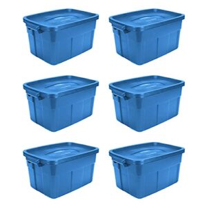 rubbermaid roughneck tote 14 gallon stackable storage container w/stay tight lid & easy carry handles, heritage blue (6 pack)