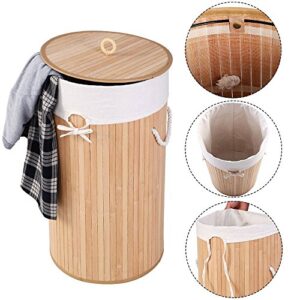 Bamboo Laundry Hamper Clothes Storage Basket Natural Portable Folding Bamboo Hamper with Lid and Removable Liner Foldable Storage Clothes Bin with Handles for Home Bedroom Kid's Room (Ship from USA)