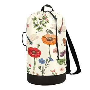 vigtro spring flowers dragonflies large heavy duty laundry backpack hamper with shoulder strips and drawstring, summer poppies green leaves nylon waterproof laundry bag durable for dorm laundromat travel