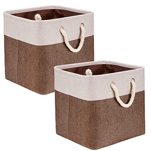 HSDT Fabric Cube Storage Bins 13x13x12.5 Inch Beige and Brown Cube Storage Boxes Collapsible Large Cloth Organizer Baskets with Cotton Rops Handles for Storage Cubbies or Closet Shelf ,QY-SC29-2