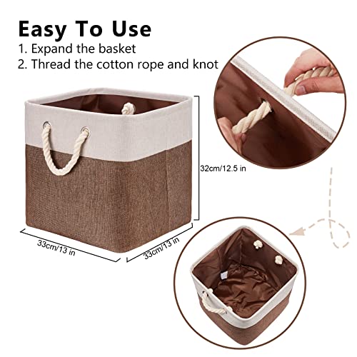 HSDT Fabric Cube Storage Bins 13x13x12.5 Inch Beige and Brown Cube Storage Boxes Collapsible Large Cloth Organizer Baskets with Cotton Rops Handles for Storage Cubbies or Closet Shelf ,QY-SC29-2