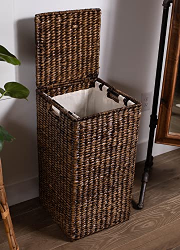 BIRDROCK HOME Single Laundry Hamper with Liner and Lid - Brown Wash - Hand Woven Natural Seagrass Fiber - Organize Clothes Storage - Easy Transport - Single Basket - Liner Bag