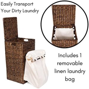 BIRDROCK HOME Single Laundry Hamper with Liner and Lid - Brown Wash - Hand Woven Natural Seagrass Fiber - Organize Clothes Storage - Easy Transport - Single Basket - Liner Bag