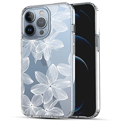 RANZ iPhone 13 Pro Case, Anti-Scratch Shockproof Series Clear Hard PC+ TPU Bumper Protective Cover Case for iPhone 13 Pro (6.1") - White Flower