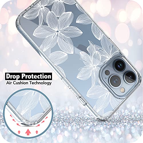 RANZ iPhone 13 Pro Case, Anti-Scratch Shockproof Series Clear Hard PC+ TPU Bumper Protective Cover Case for iPhone 13 Pro (6.1") - White Flower