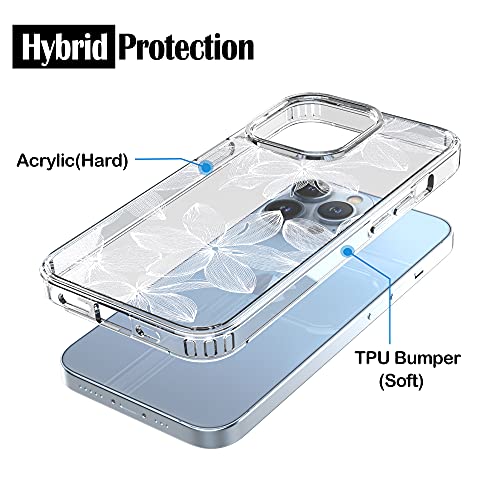 RANZ iPhone 13 Pro Case, Anti-Scratch Shockproof Series Clear Hard PC+ TPU Bumper Protective Cover Case for iPhone 13 Pro (6.1") - White Flower