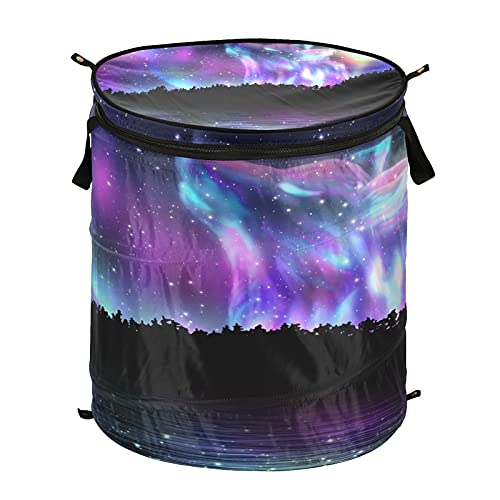 xigua Aurora Borealis Wolf Pop-Up Laundry Hamper,Folding Cylinder Laundry Basket for Dirty Clothes, Children's Toys Basket with Handle and Drawstring Lid