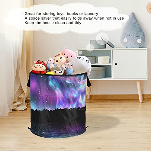 xigua Aurora Borealis Wolf Pop-Up Laundry Hamper,Folding Cylinder Laundry Basket for Dirty Clothes, Children's Toys Basket with Handle and Drawstring Lid