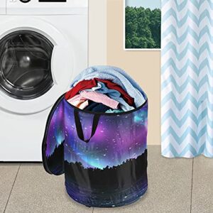 xigua Aurora Borealis Wolf Pop-Up Laundry Hamper,Folding Cylinder Laundry Basket for Dirty Clothes, Children's Toys Basket with Handle and Drawstring Lid