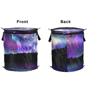 xigua Aurora Borealis Wolf Pop-Up Laundry Hamper,Folding Cylinder Laundry Basket for Dirty Clothes, Children's Toys Basket with Handle and Drawstring Lid