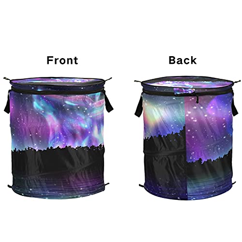 xigua Aurora Borealis Wolf Pop-Up Laundry Hamper,Folding Cylinder Laundry Basket for Dirty Clothes, Children's Toys Basket with Handle and Drawstring Lid