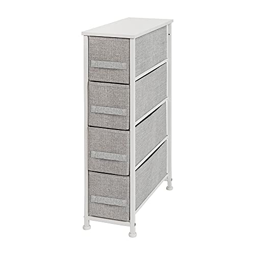 Flash Furniture 4 Drawer Slim Wood Top White Cast Iron Frame Dresser Storage Tower with Light Gray Easy Pull Fabric Drawers