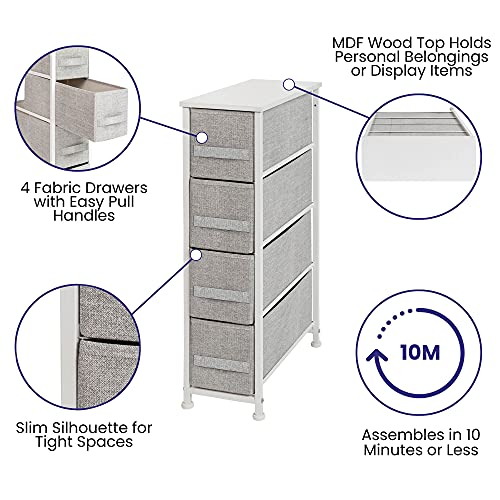 Flash Furniture 4 Drawer Slim Wood Top White Cast Iron Frame Dresser Storage Tower with Light Gray Easy Pull Fabric Drawers