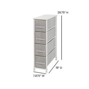 Flash Furniture 4 Drawer Slim Wood Top White Cast Iron Frame Dresser Storage Tower with Light Gray Easy Pull Fabric Drawers