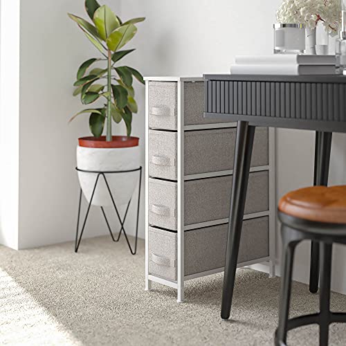 Flash Furniture 4 Drawer Slim Wood Top White Cast Iron Frame Dresser Storage Tower with Light Gray Easy Pull Fabric Drawers