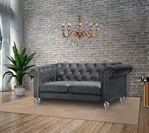 New Classic Furniture Glam Emma Velvet Two Seater Chesterfield Style Loveseat for Small Spaces with Crystal Button Tufts, Gray