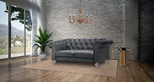 New Classic Furniture Glam Emma Velvet Two Seater Chesterfield Style Loveseat for Small Spaces with Crystal Button Tufts, Gray