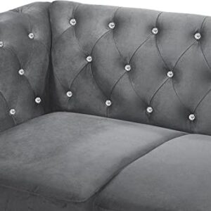 New Classic Furniture Glam Emma Velvet Two Seater Chesterfield Style Loveseat for Small Spaces with Crystal Button Tufts, Gray