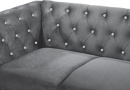 New Classic Furniture Glam Emma Velvet Two Seater Chesterfield Style Loveseat for Small Spaces with Crystal Button Tufts, Gray