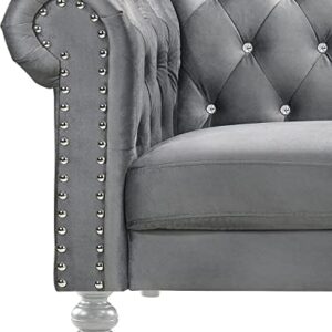 New Classic Furniture Glam Emma Velvet Two Seater Chesterfield Style Loveseat for Small Spaces with Crystal Button Tufts, Gray