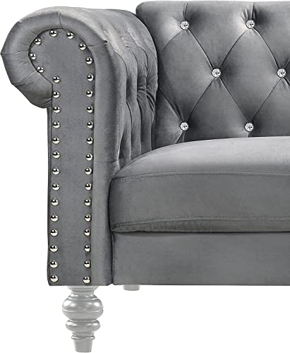 New Classic Furniture Glam Emma Velvet Two Seater Chesterfield Style Loveseat for Small Spaces with Crystal Button Tufts, Gray