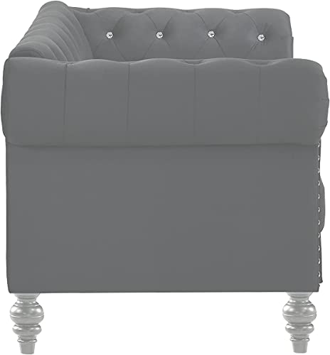 New Classic Furniture Glam Emma Velvet Two Seater Chesterfield Style Loveseat for Small Spaces with Crystal Button Tufts, Gray