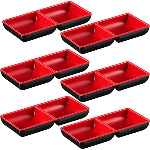 6 Pieces Dual Dipping Bowls Melamine Dual Sauce Bowls Dual Sauce Dishes Divided Sauce Dishes Wasabi Sushi Dipping Plates Appetizer Serving Tray for Restaurant Kitchen, Soy Sauce, Ketchup, BBQ Sauce