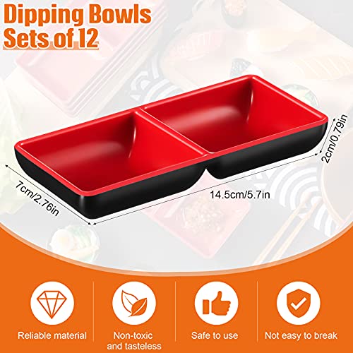 6 Pieces Dual Dipping Bowls Melamine Dual Sauce Bowls Dual Sauce Dishes Divided Sauce Dishes Wasabi Sushi Dipping Plates Appetizer Serving Tray for Restaurant Kitchen, Soy Sauce, Ketchup, BBQ Sauce