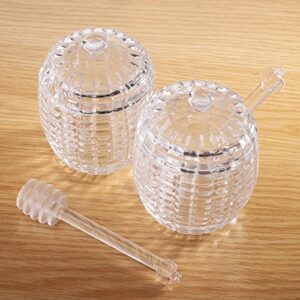 ZEAYEA 2 Pack Honey Jar with Dipper and Lid, 8 oz Glass Honey Pot Container, Clear Honey Holder Dispenser for Home Kitchen, Beehive Honey Dish for Store Honey and Syrup, Dishwasher Safe