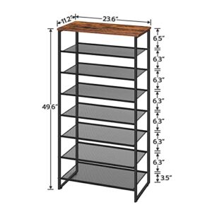 HOOBRO 8 Tier Shoe Rack, Large Capacity Shoe Shelf for 21-28 Pairs of Shoes, Shoe Storage Organizer with Detachable Metal Mesh, Strong and Stable, Easy Assembly, Industrial, Rustic Brown BF68XJ01